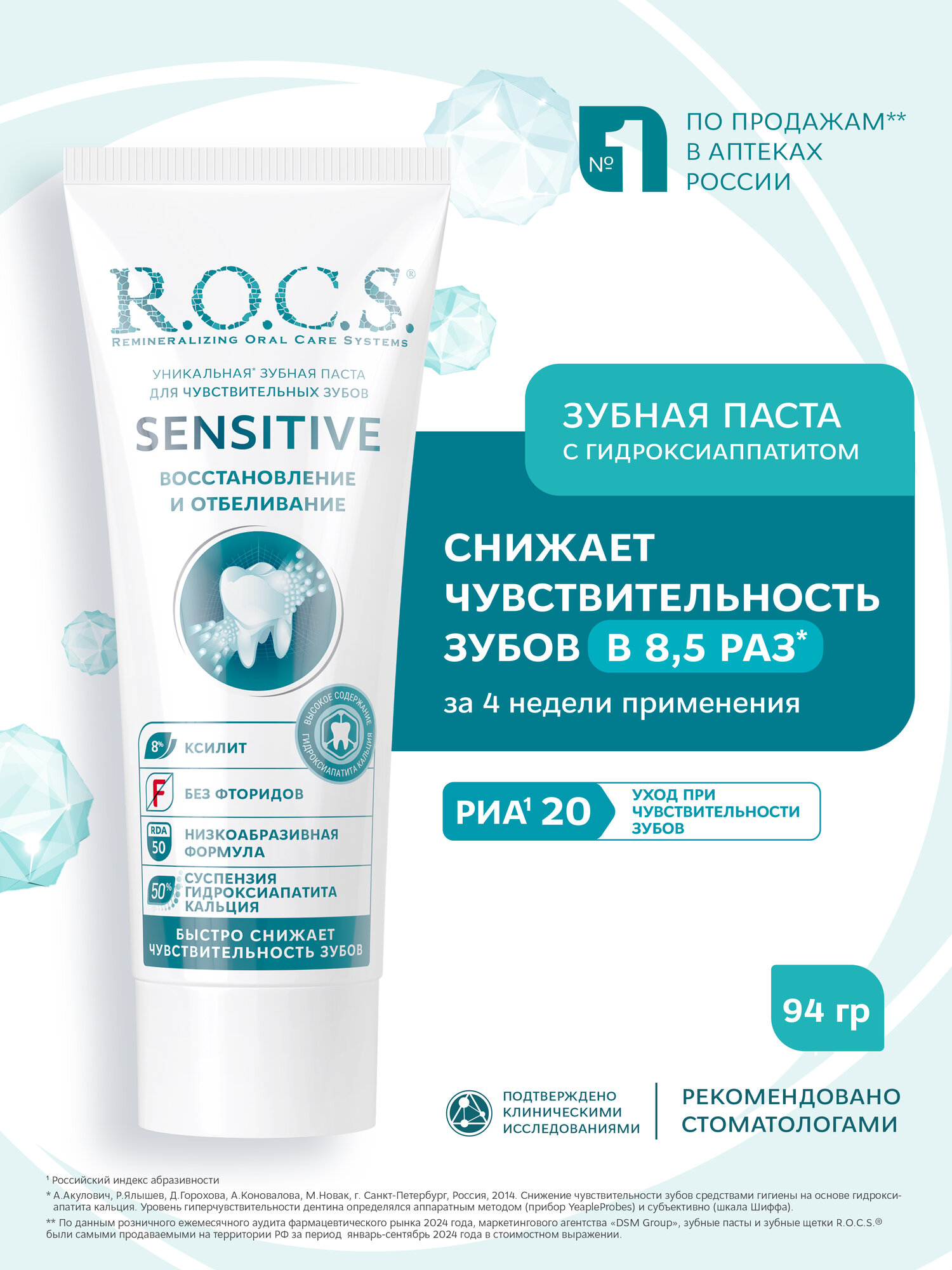 Зубная паста R.O.C.S. Sensitive Восстановление и отбеливание, 75 мл, 94 г
