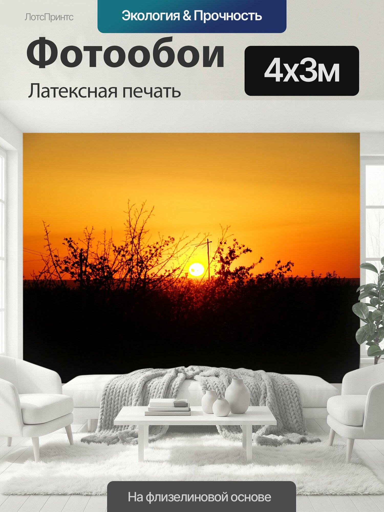 Фотообои моющиеся ударопрочные "Закат, дача, весна" 400x300 см. латексная печать