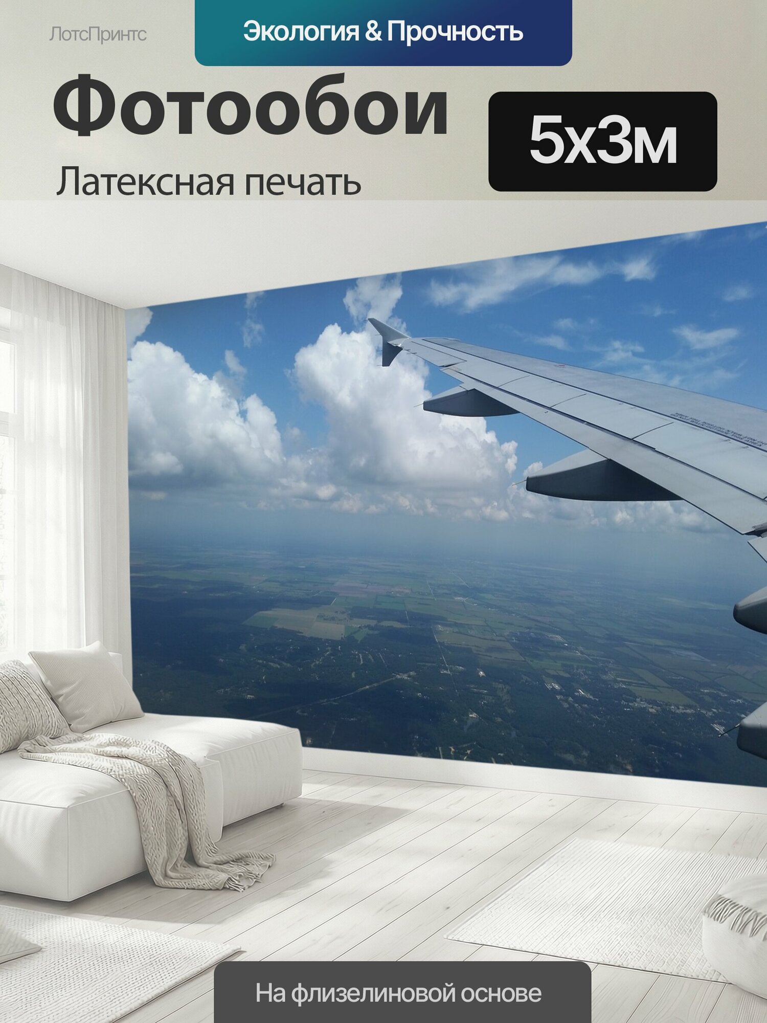 Фотообои моющиеся ударопрочные "Самолет, самолет сиденье, полет" 500x300 см. латексная печать