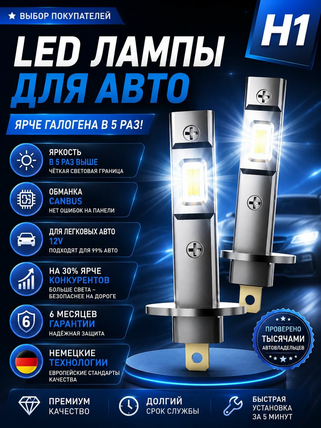 H1 лампа светодиодная, лампочки h1 светодиодные, 2шт