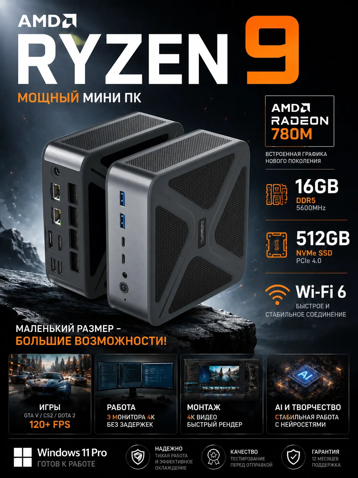 Мини ПК AMD Ryzen 9 8945HS, ОЗУ 16 ГБ DDR5, SSD 512 ГБ, графика Radeon 780M, Windows 11 Pro, черно-серый