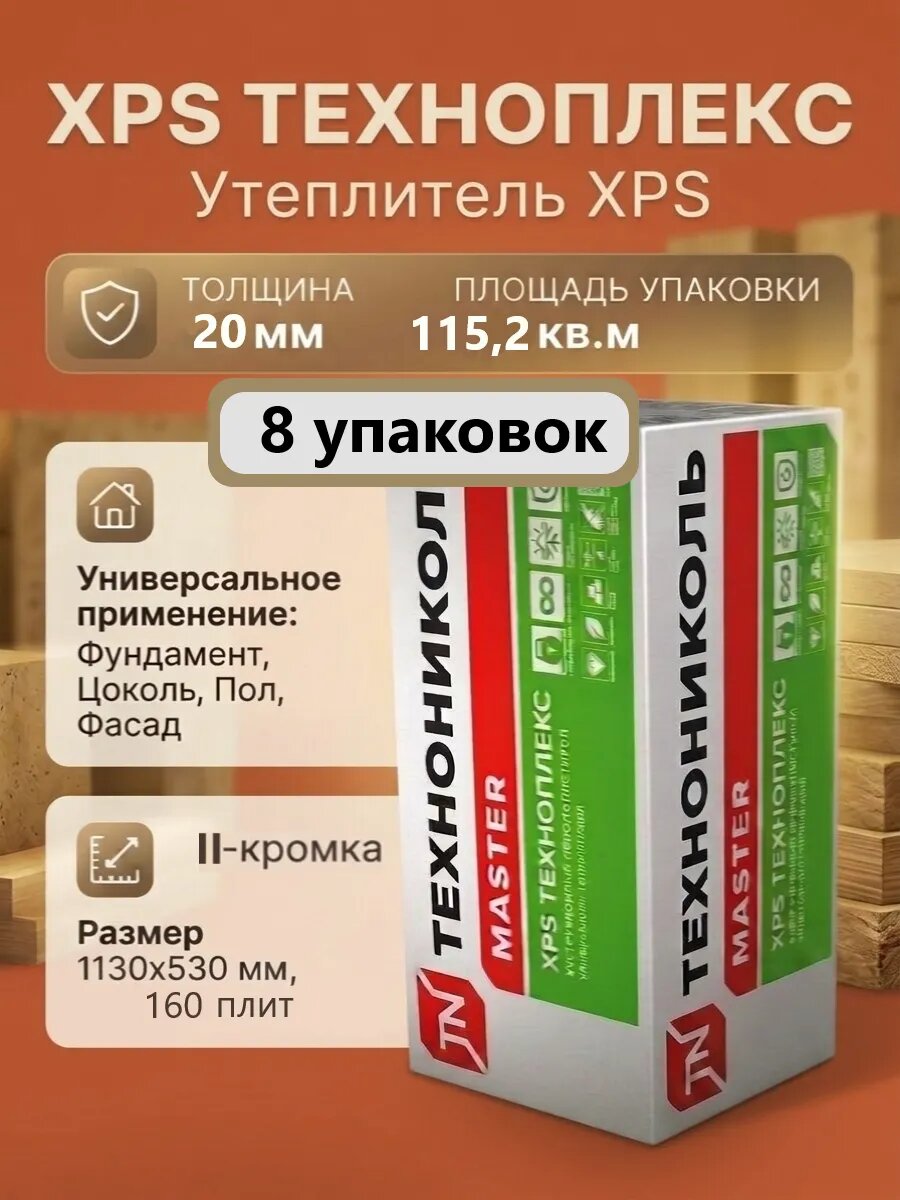 Утеплитель Техноплекс 20 мм, 8 упаковок, 160 листов, экструзионный пенополистирол