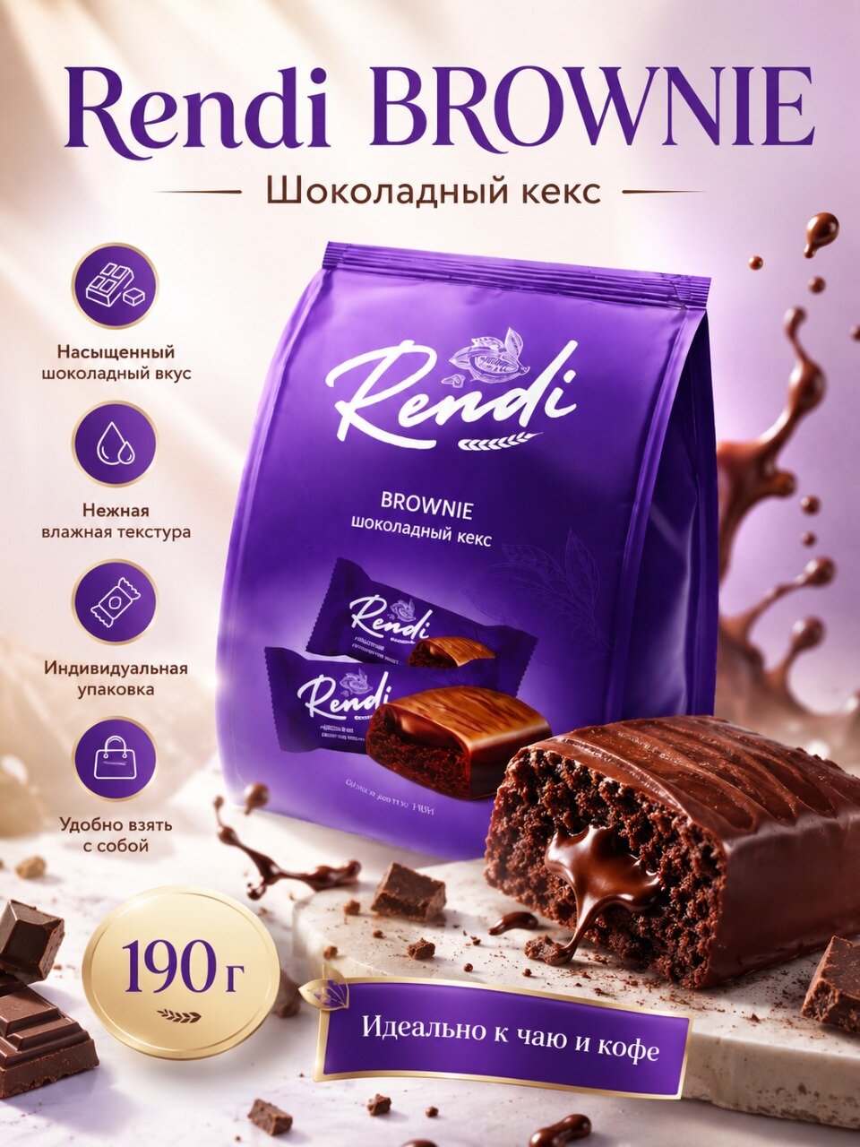 Кекс глазированный с шоколадной прослойкой Брауни Rendi Brownie 190 гр