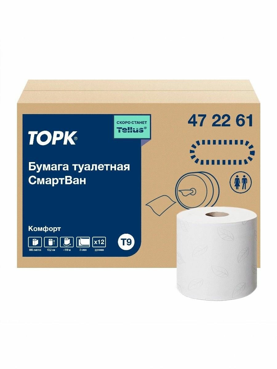 Туалетная бумага Tellus (Tork) SmartOne mini Advanced, в мини-рулоне мягкая, система T9, 130 м, 2 сл, белая, 1 рулон (арт: 472261)