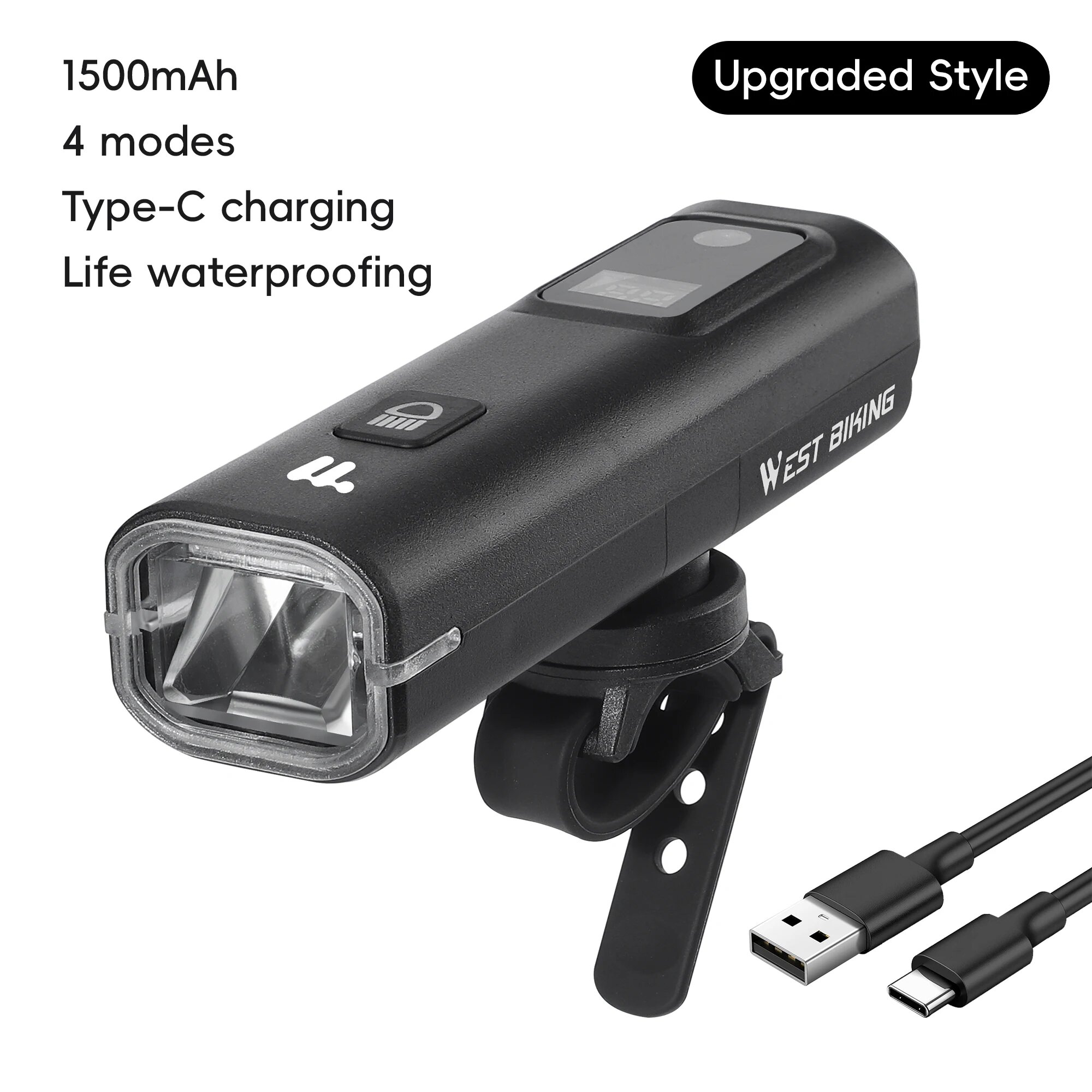 WEST BIKING Велофонарь 1500mAh, 4 режима, Type-C, Upgraded Style