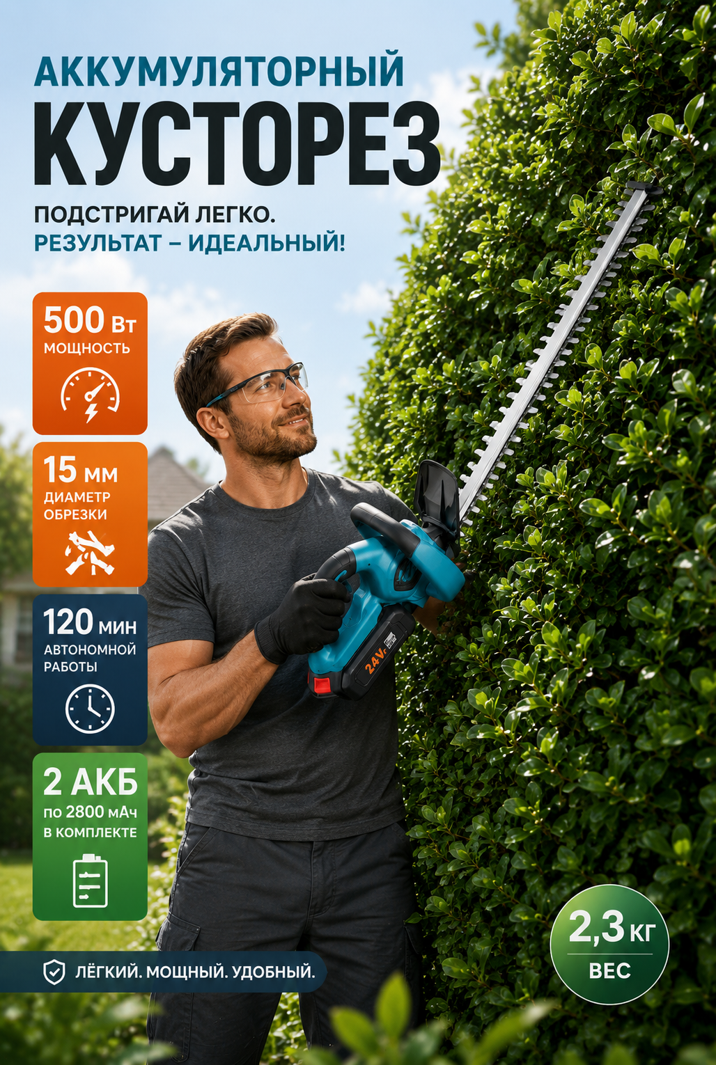 Кусторез садовый, аккумуляторный, для стрижки кустарников, 55 см