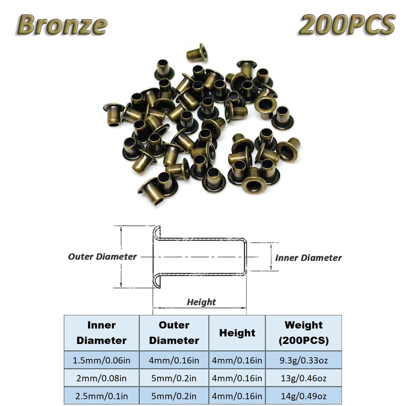 Медные люверсы Bronze 1.5/2/2.5 мм 200шт