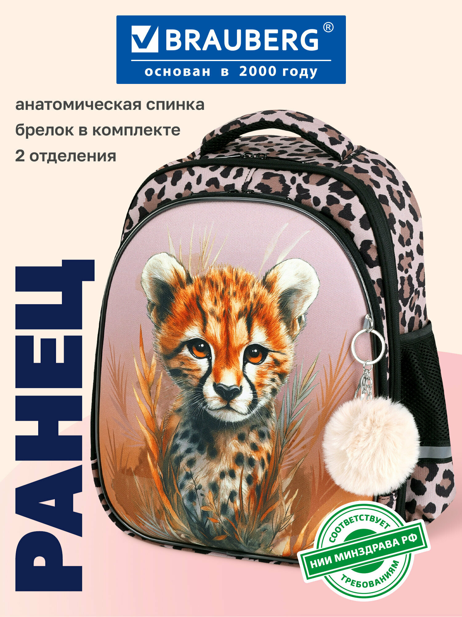 Рюкзак школьный для девочки, портфель в 1 класс ортопедический, 2 отделения, Brauberg Любопытный леопард, 274387