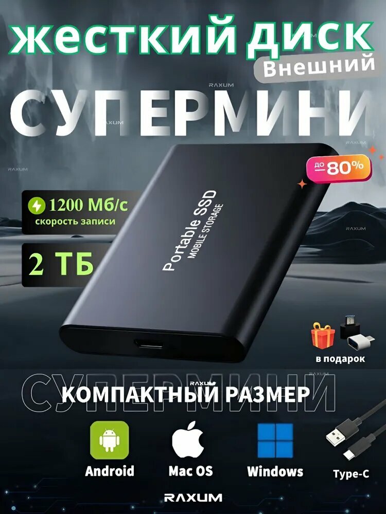 Raxum 2 ТБ Внешний жесткий диск (Portable SSD PRO 2TB), Металл, черный матовый