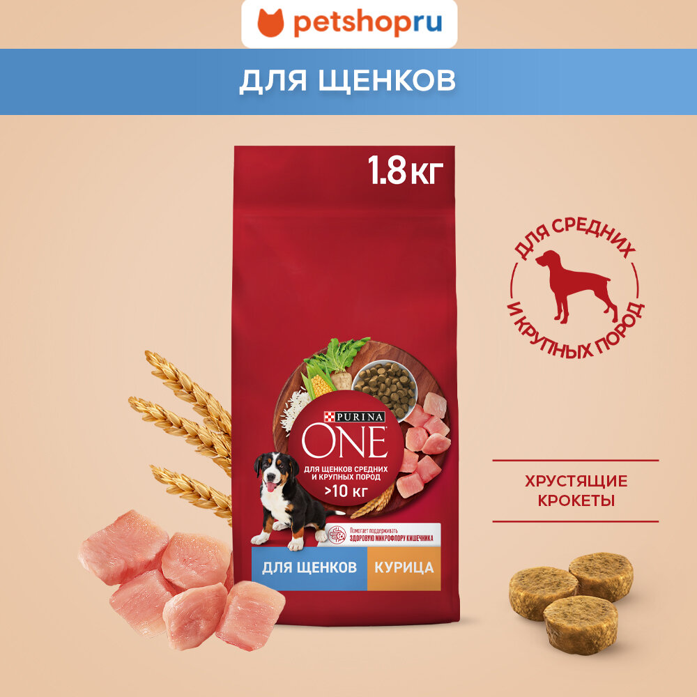 Purina ONE Сухой корм для щенков средних и крупных пород с высоким содержанием курицы и с рисом, 1,8кг