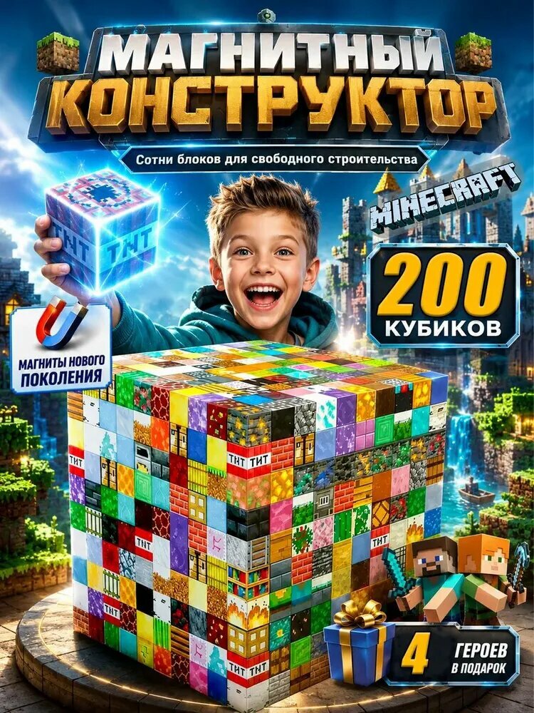 Майнкрафт, магнитные строительные блоки, сделай сам, 200 шт, в подарочной коробке, подарки для детей