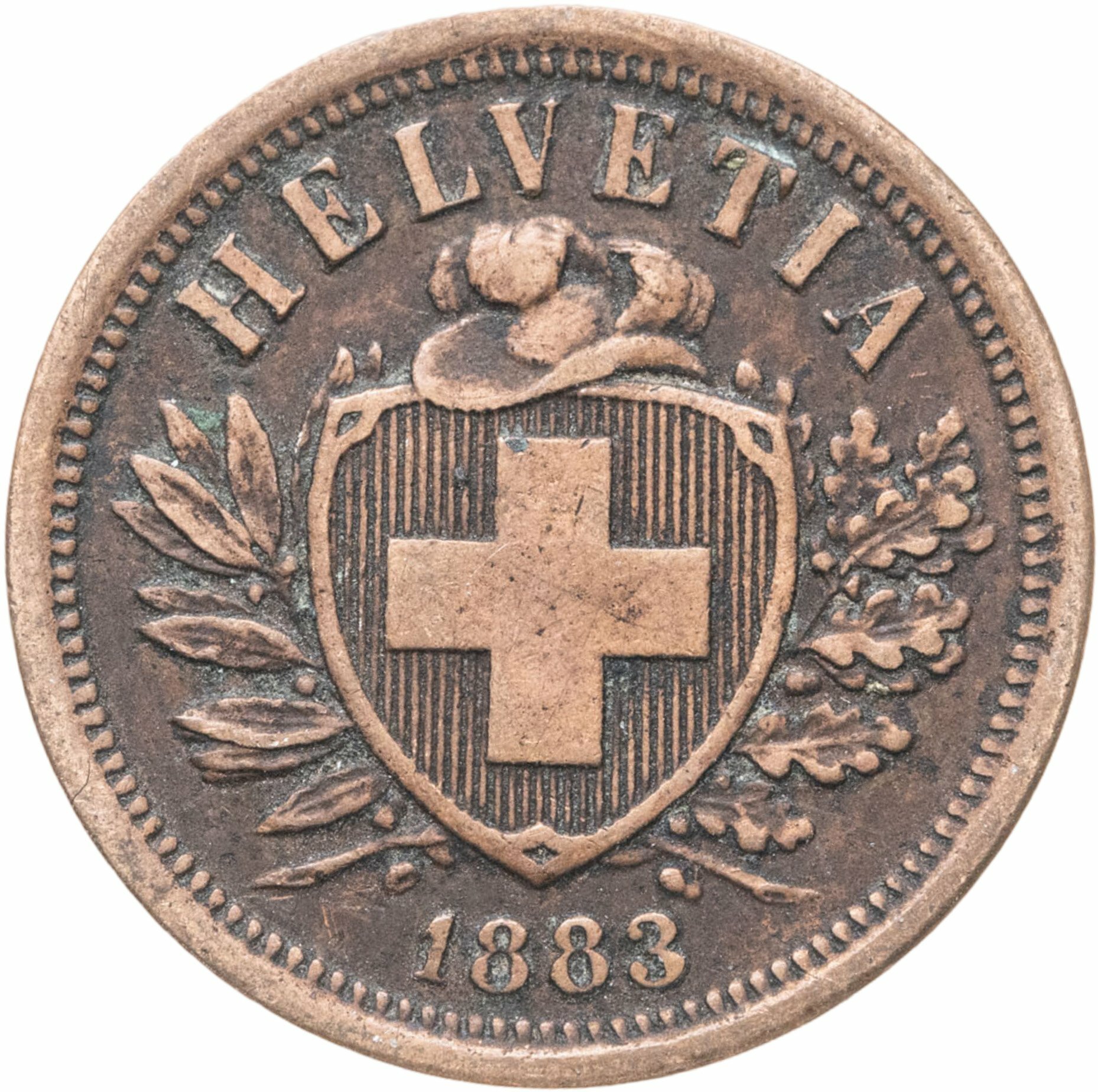 Швейцария 2 раппена rappen 1883, Бронза, в сохранности VF