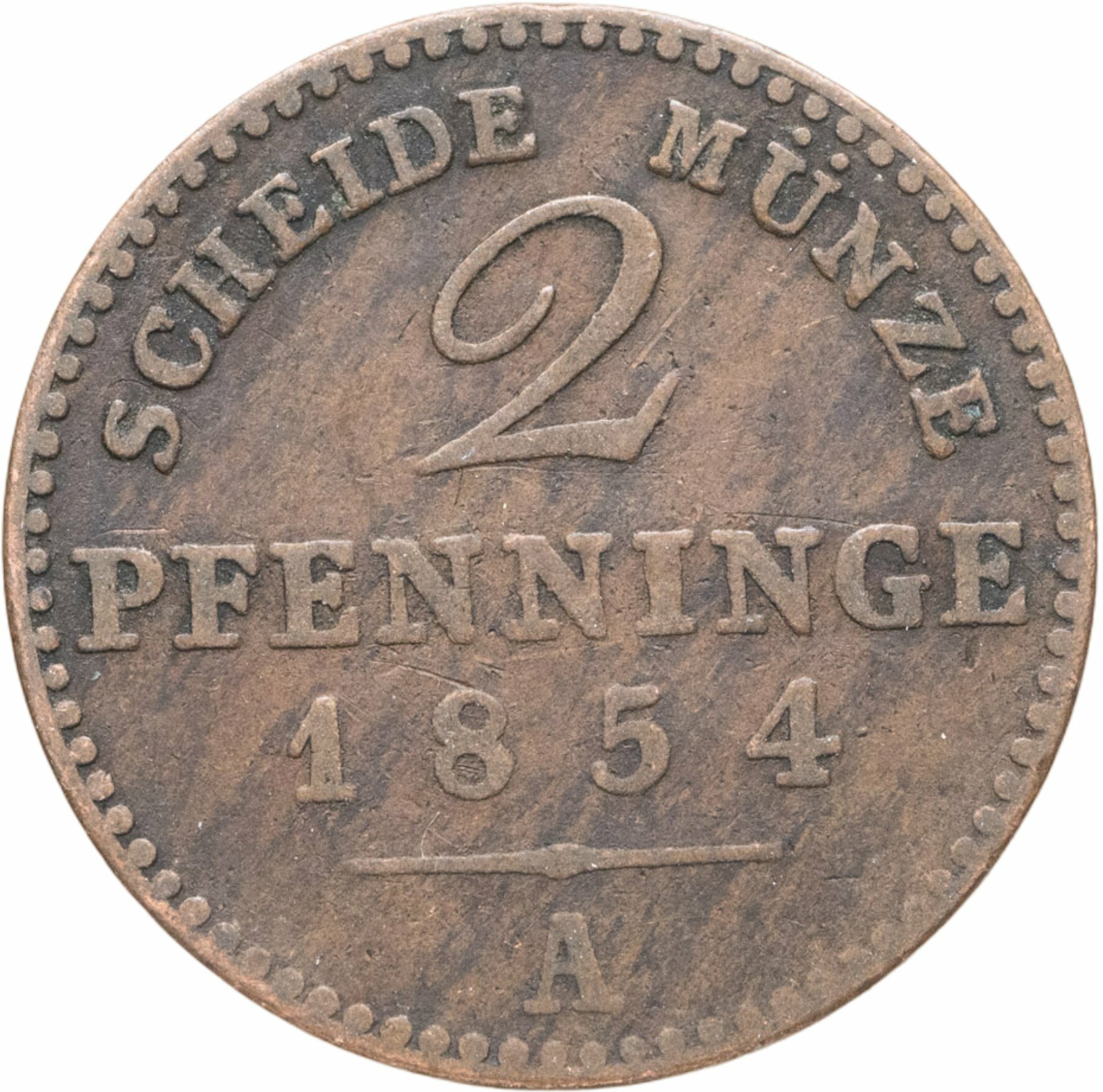 Германия, Пруссия 2 пфеннига 1854, Медь, в сохранности VF
