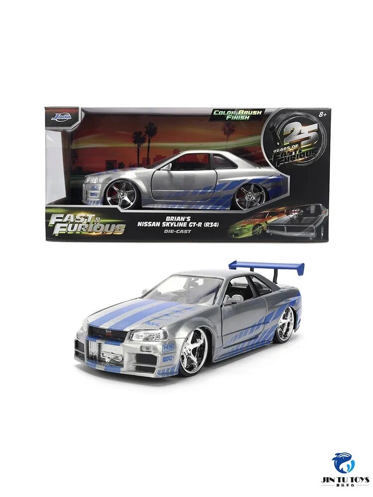 Jada Toys Fast & Furious NISSAN SKYLINE GT-R(R34) / модель автомобиля в масштабе 1:24, основной корпус модели автомобиля изготовлен из сплава, а дверь можно открыть