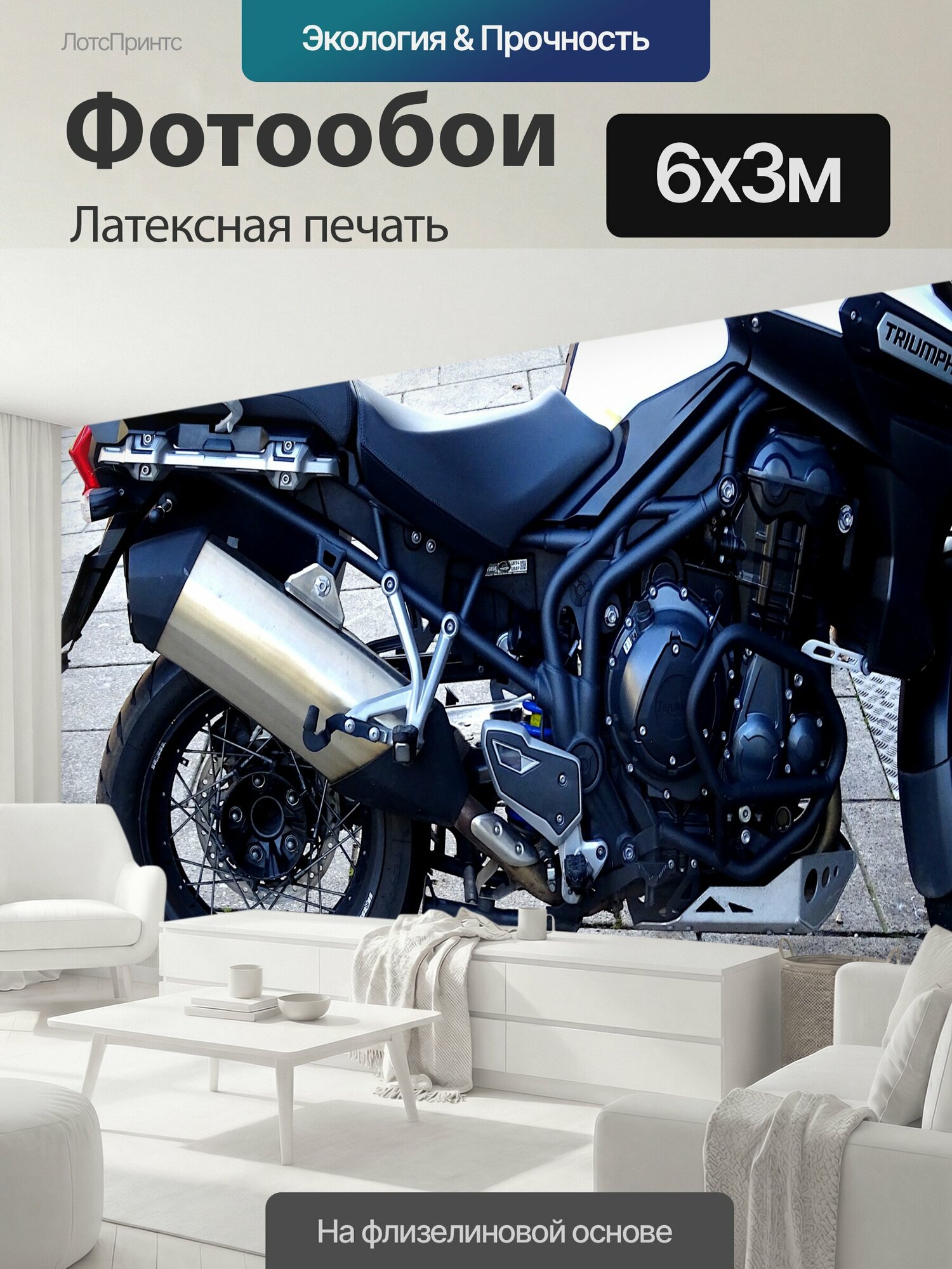 Фотообои моющиеся ударопрочные "Мотоцикл Триумф Мотоциклетный двигатель Triumph Tiger Explorer XC мотоцикл мотоциклы триумф двигатели двигатель." 600x300 см. латексная печать