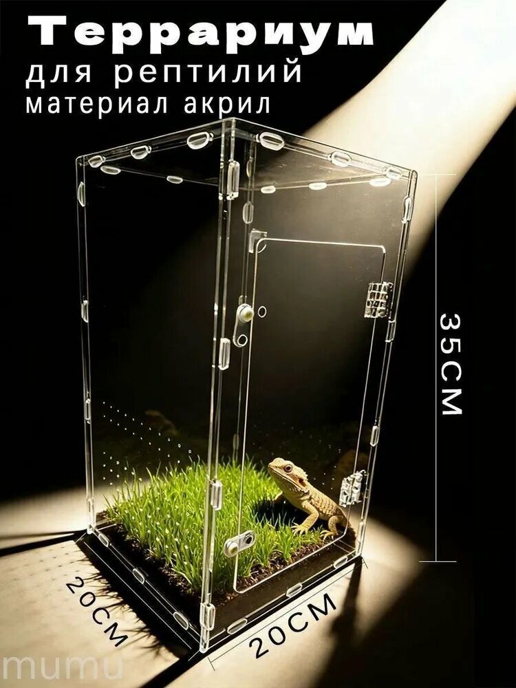 Террариум из акрила 35x20x20 см прозрачный контейнер с вертикальной конструкцией и замком-защёлкой для гекконов, пауков и змей.