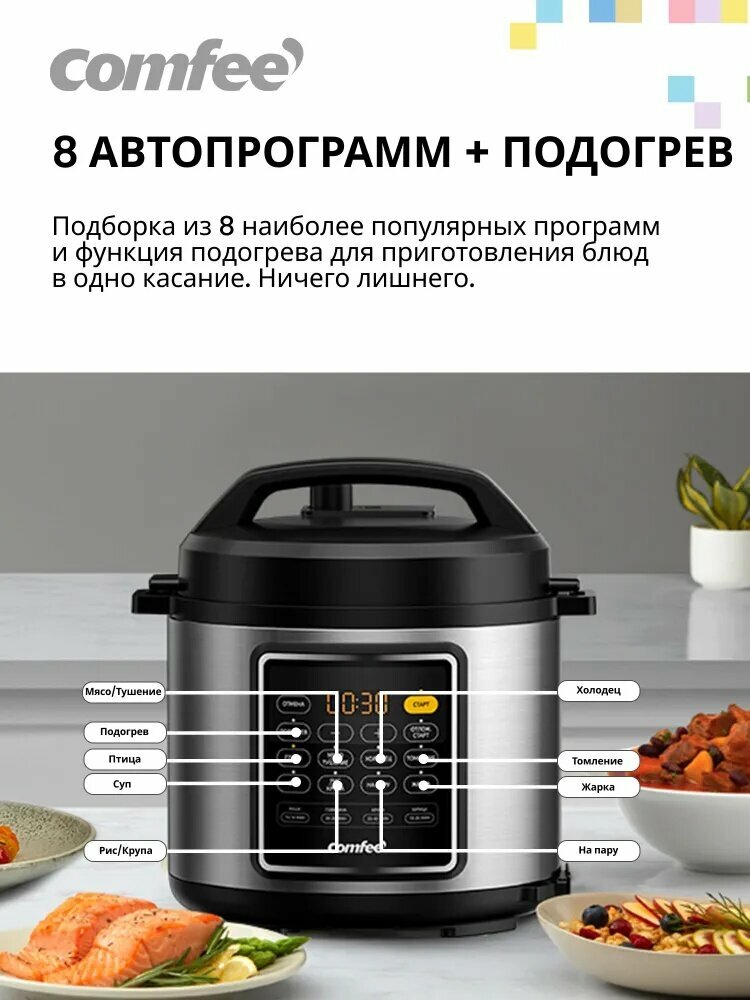 Мультиварка-скороварка Comfee CF-MC9508, 1000 Вт, чаша 6 л, антипригарное покрытие, 8 автопрограмм, отложенный старт 24 ч, серебристый/черный