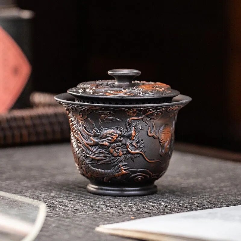 JIANGXINSHE Гайвань из фиолетовой глины, 180 мл, 1 шт, с изображением китайского дракона