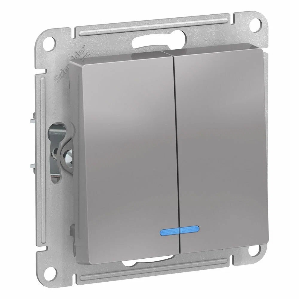 Выключатель 2-клавишный Systeme Electric Atlas Design, с подсветкой, алюминий, ATN000353, 5 шт.