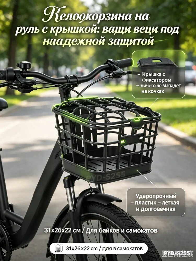 Корзина для велосипеда передняя с крышкой, 31х26х22см-пластиковая багажная корзина на руль, для электровелосипеда и самоката