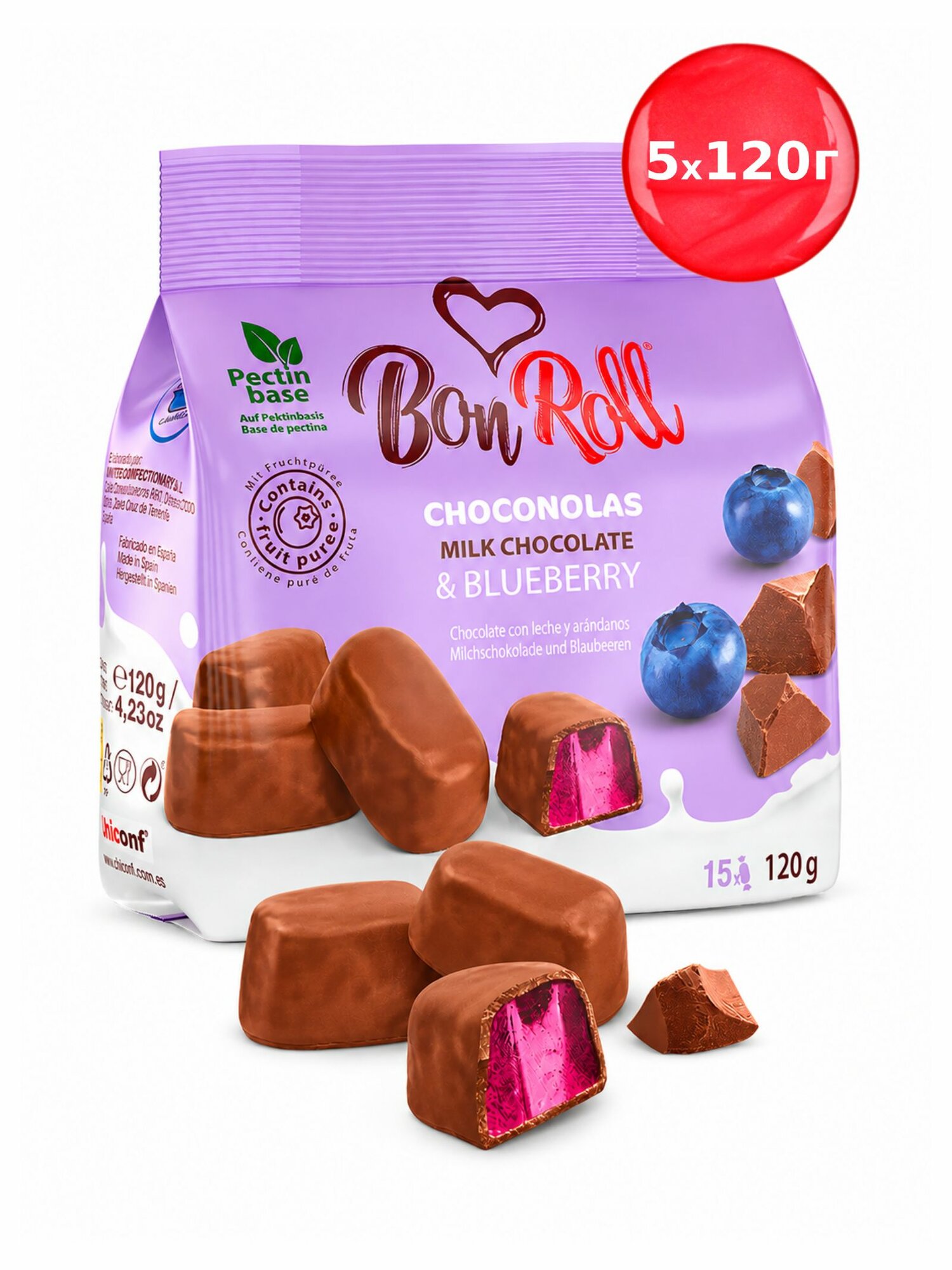 Конфеты Bon Roll желейные в молочном шоколаде со вкусом черники, 120 г х 5 шт