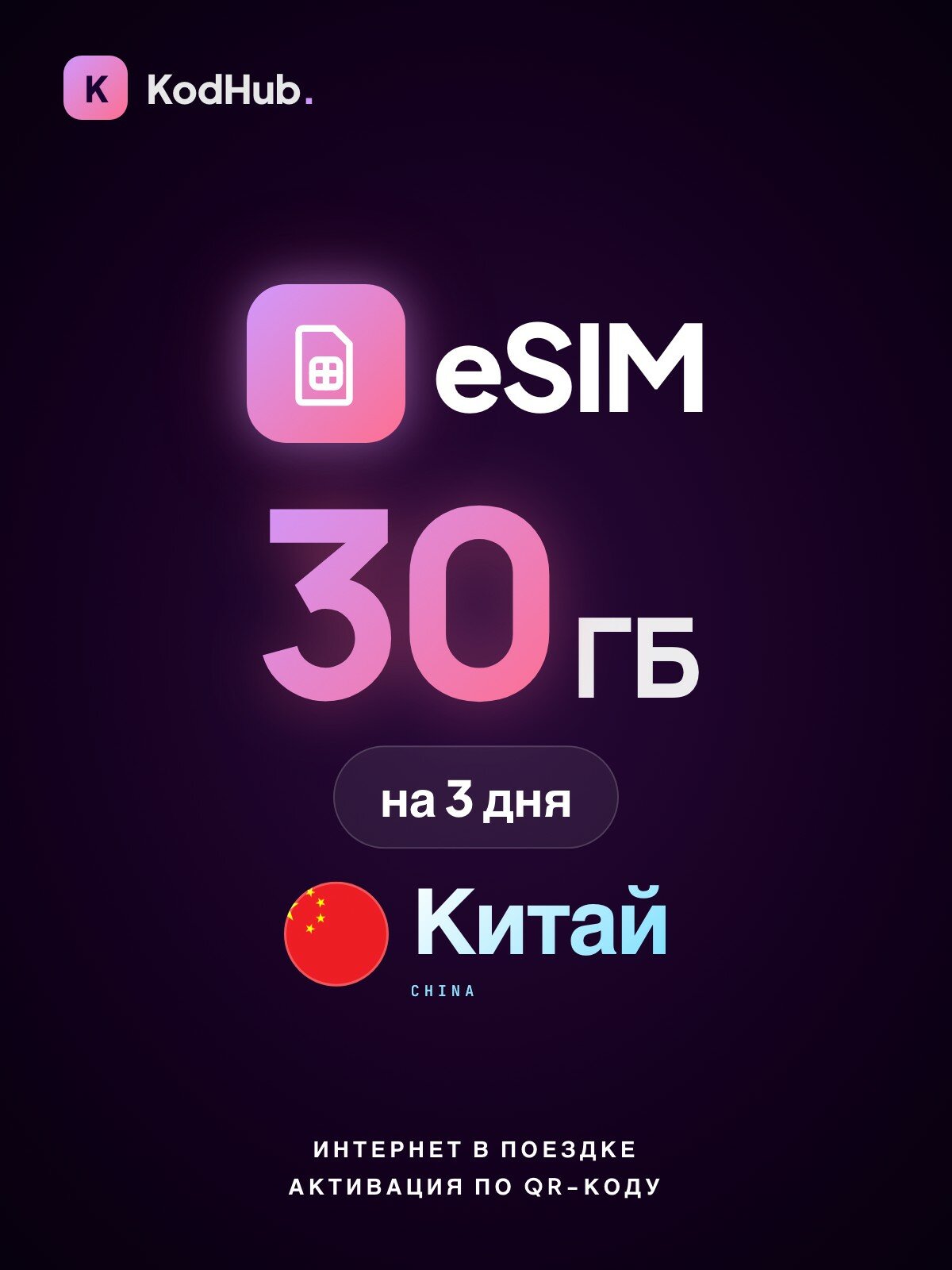Туристическая eSIM Китай 30 ГБ на 3 дня | интернет в поездке, связь за границей | QR-код активации