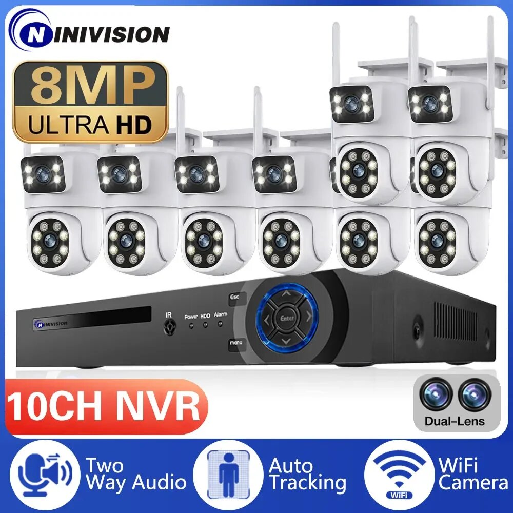 Система видеонаблюдения для дома 10CH 4K POE NVR HD 6MP с двухлинзовыми PTZ WIFI IP-камерами Video H.265 CCTV с автоматическим трекингом, беспроводной набор для наблюдения