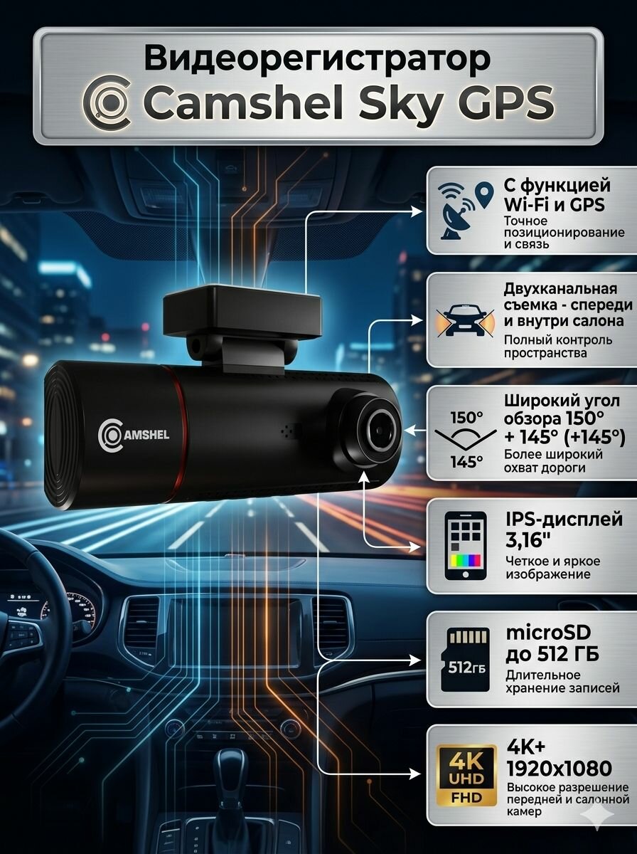 Видеорегистратор Camshel Sky GPS 4К+ 1920х1080, 2 камеры в одном корпусе