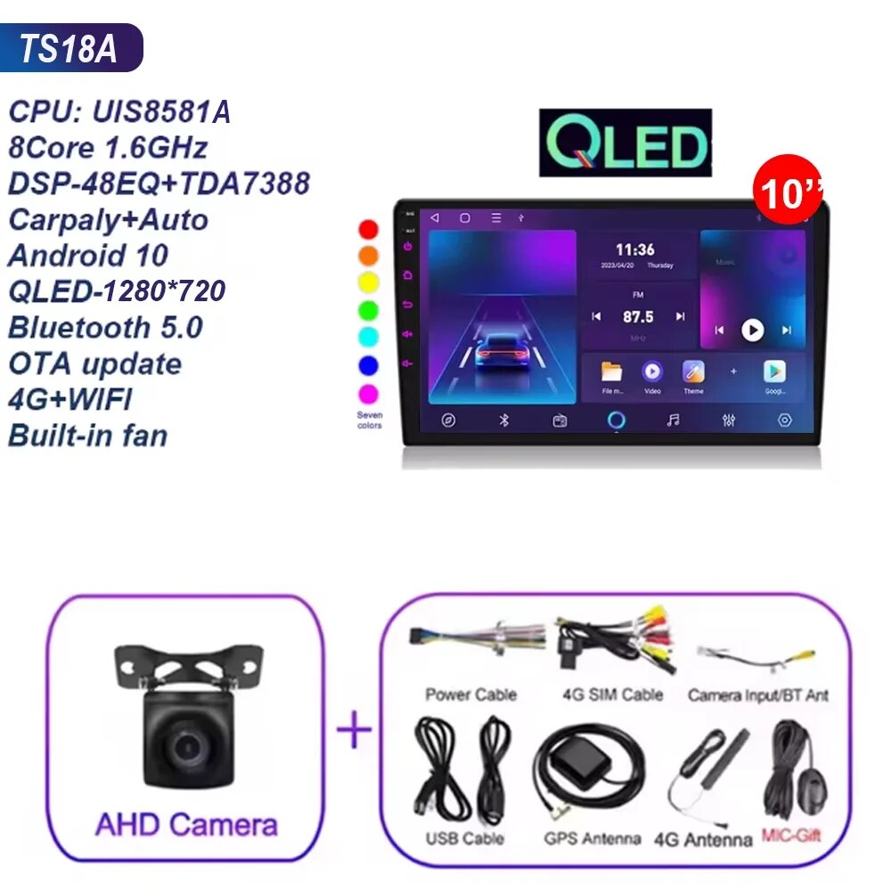 Автомагнитола TS18 TS20 TS105 7870 Universal 9 10 дюймов QLED 2K с Android 13, TS18A-2-32-10