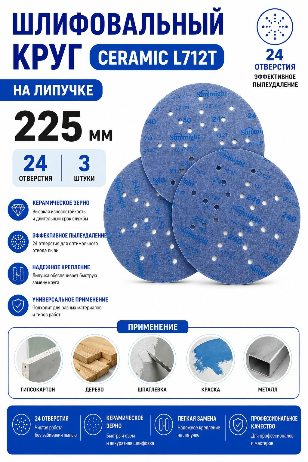Шлифовальные круги на липучке на жираф SUNMIGHT D-225 мм; P240; CERAMIC, 3 шт.