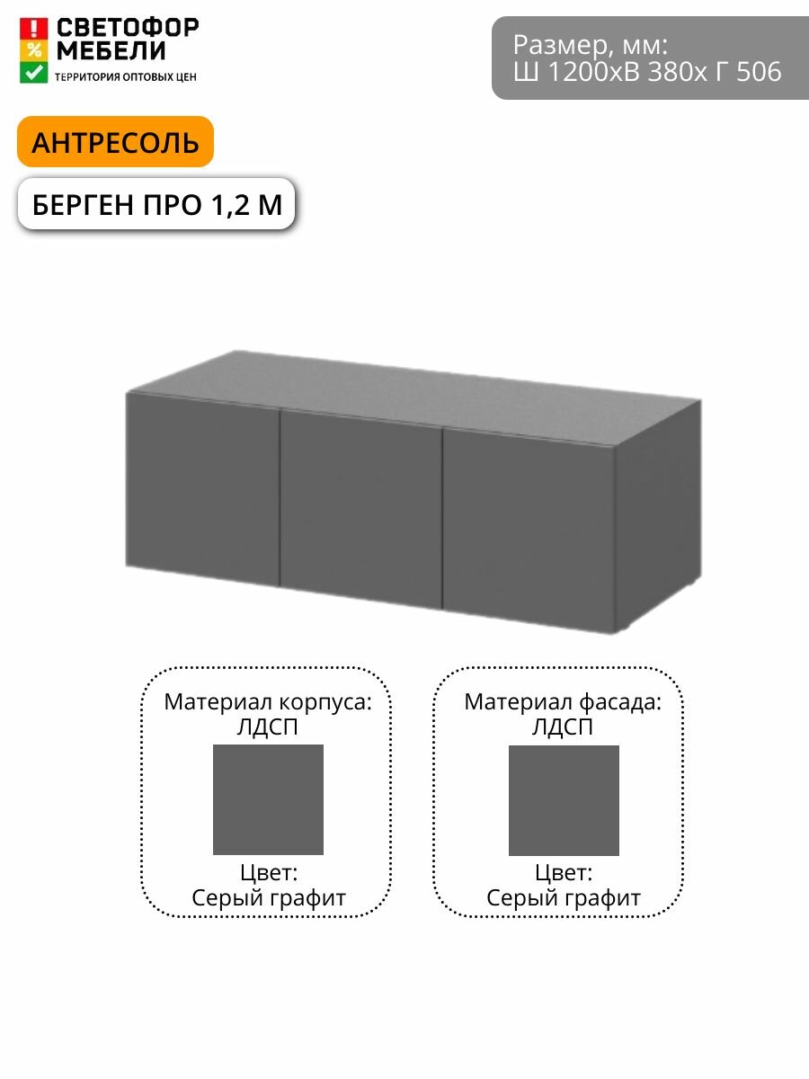 Антресоль Мебельный рай Берген Про 1.2 м 1200х380х506, Серый графит