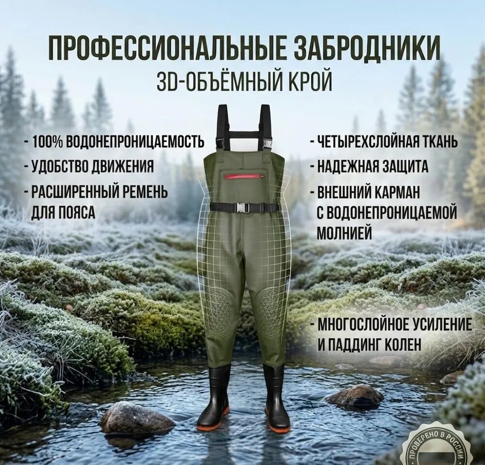 Мужские вейдерсы из ПВХ, зелёные, с ремешком и водоотталкивающим покрытием, размер 47 — фото 1