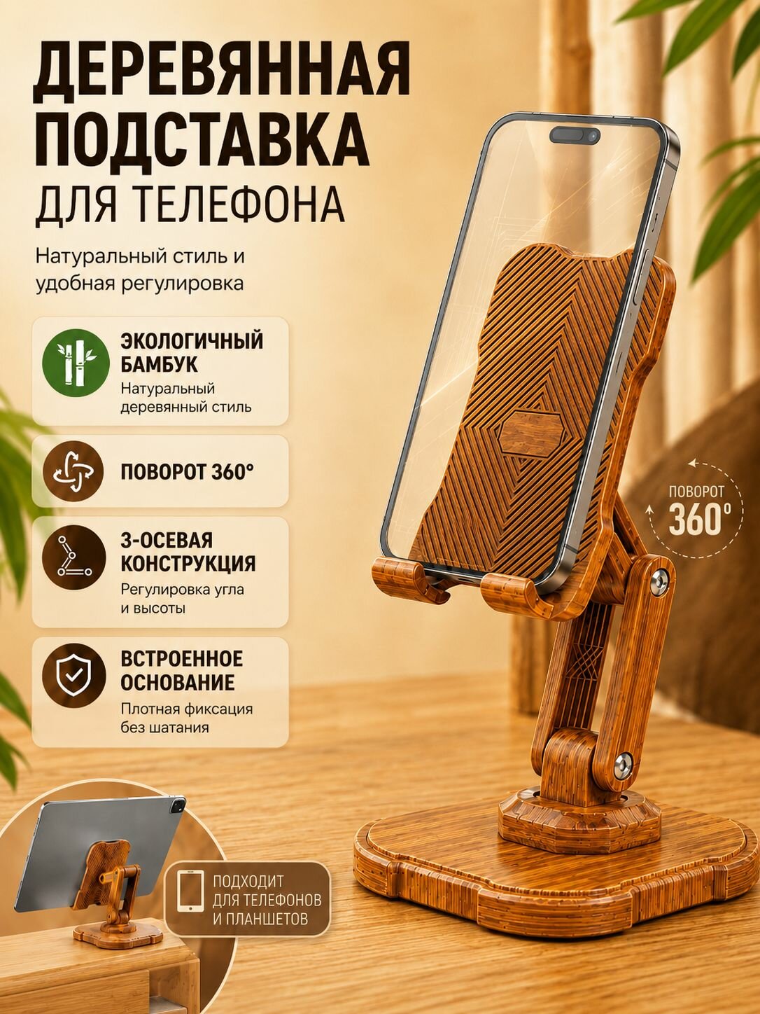 Подставка Для Телефона Деревянная, Подставка Держатель Для Мобильного Телефона Смартфона Планшета На Стол, С Трёхосевой Регулировкой И 360 Вращением, Складная