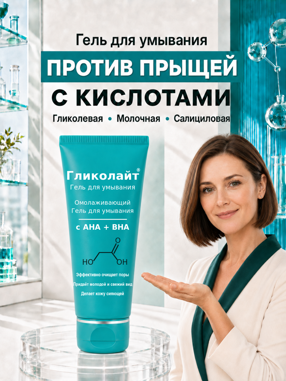 Гель для умывания Гликолат с гликолевой, салициловой и молочной кислотами, 60 мл