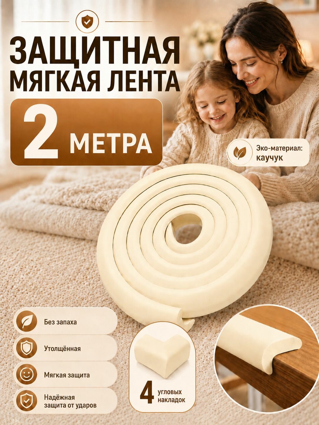 Мягкая защитная лента для безопасности ребенка 2м. Накладка на углы мебели и стен. Безопасность ребенка от ударов и падений.