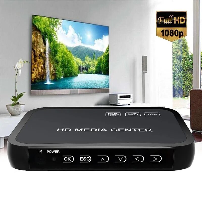 Медиаплеер Full HD 1080P с портами HD, VGA, AV, USB, SD/MMC, пультом дистанционного управления и кабелем YPbPr для SD-карт, USB-накопителей и USB-дисков.
