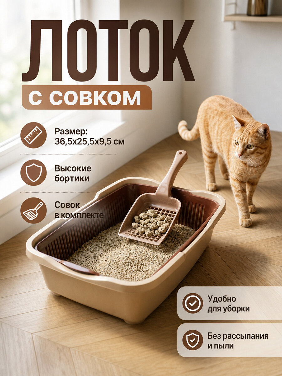 Туалет для кошек и котят с сеткой и совком, 36,5х25,5х9,5 см, бежевый