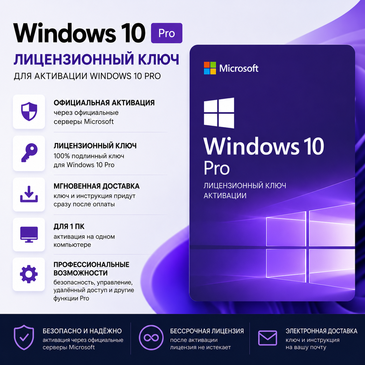 Microsoft Windows 10 Pro (Professional) / электронный ключ активации / бессрочная лицензия / онлайн активация