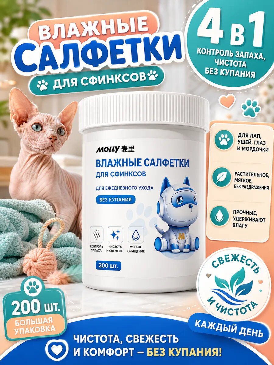 Специальные влажные салфетки для бесшёрстных кошек