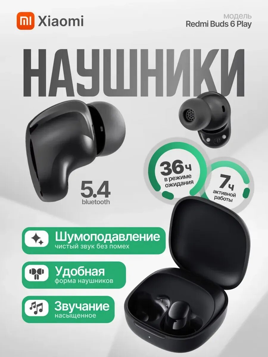 Наушники беспроводные Xiaomi Redmi Buds 6 Play, вкладыши, Bluetooth с зарядным кейсом, черные
