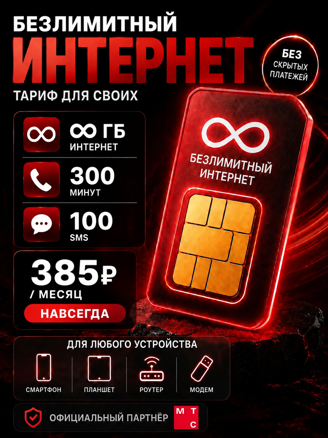 Сим карта МТС с безлимитным интернетом, раздача интернета (вся Россия)