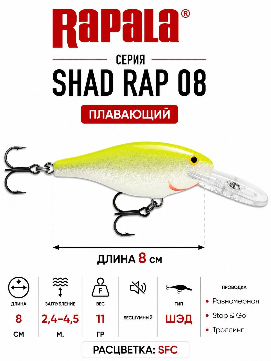 Воблер RAPALA Shad Rap 08 SFC плавающий 2.4-4.5м, 8см, 11гр