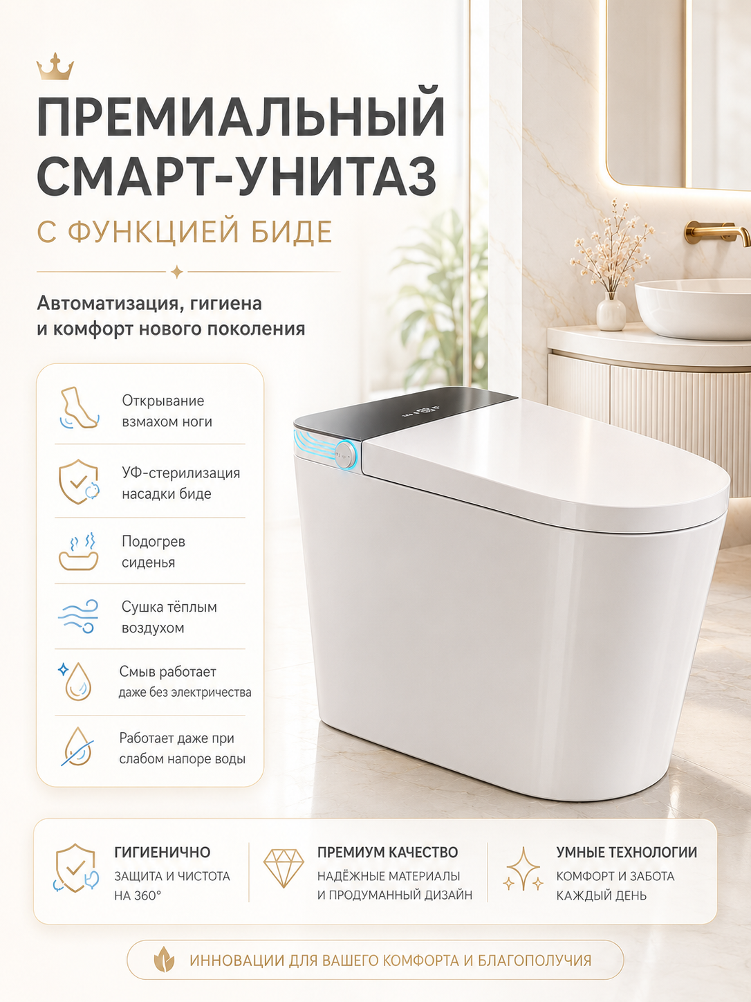 MIYANO Умный унитаз Электронный напольный унитаз для домашнего туалета и ванной с функцией биде, подогревом сиденья, УФ-очисткой, автоподнятием сиденья.