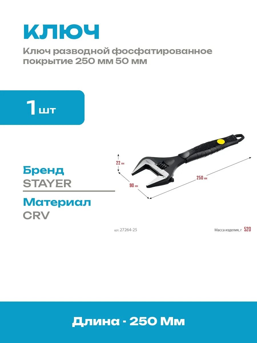 Ключ разводной 250 мм CRV фосфатированный для сантехники