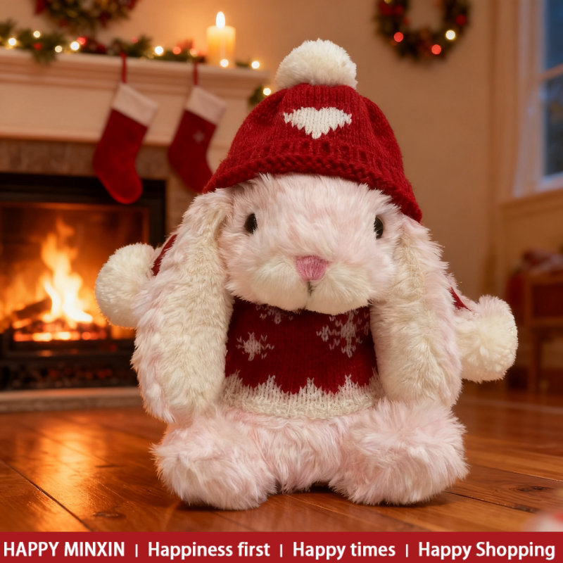 Красная шапка с двойным шариком и свитер с снежинками для Jellycat Bunny (без куклы)