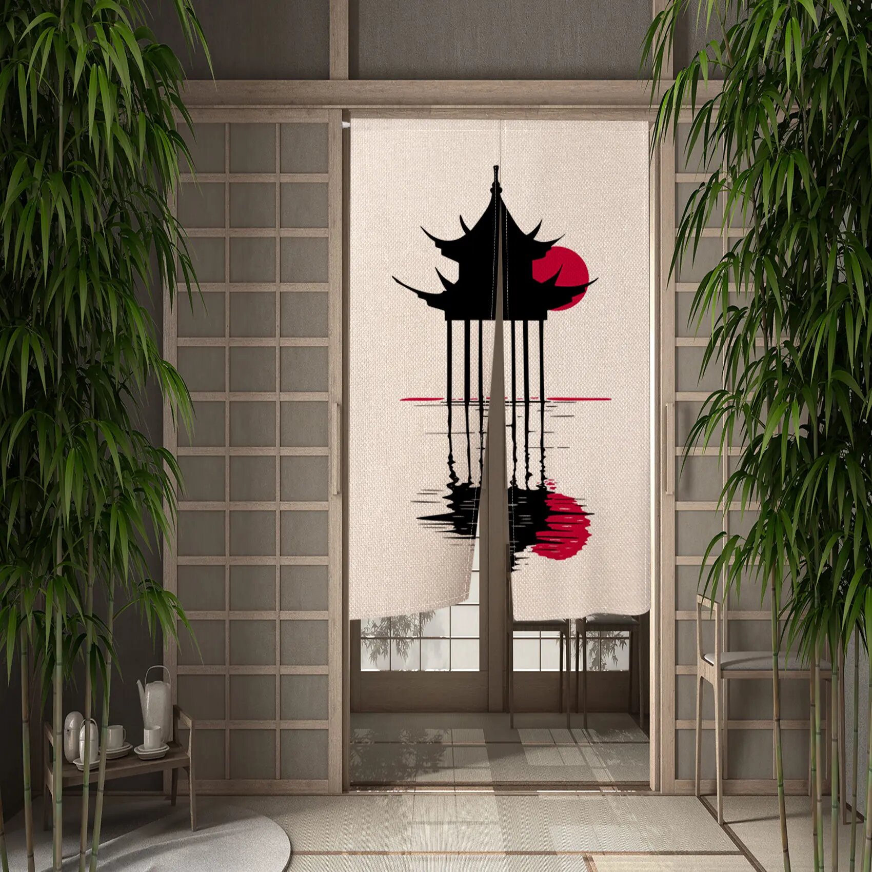 Льняные занавески Curatin Doorway Fuji Red Sun Черный, 85x150cm, 16