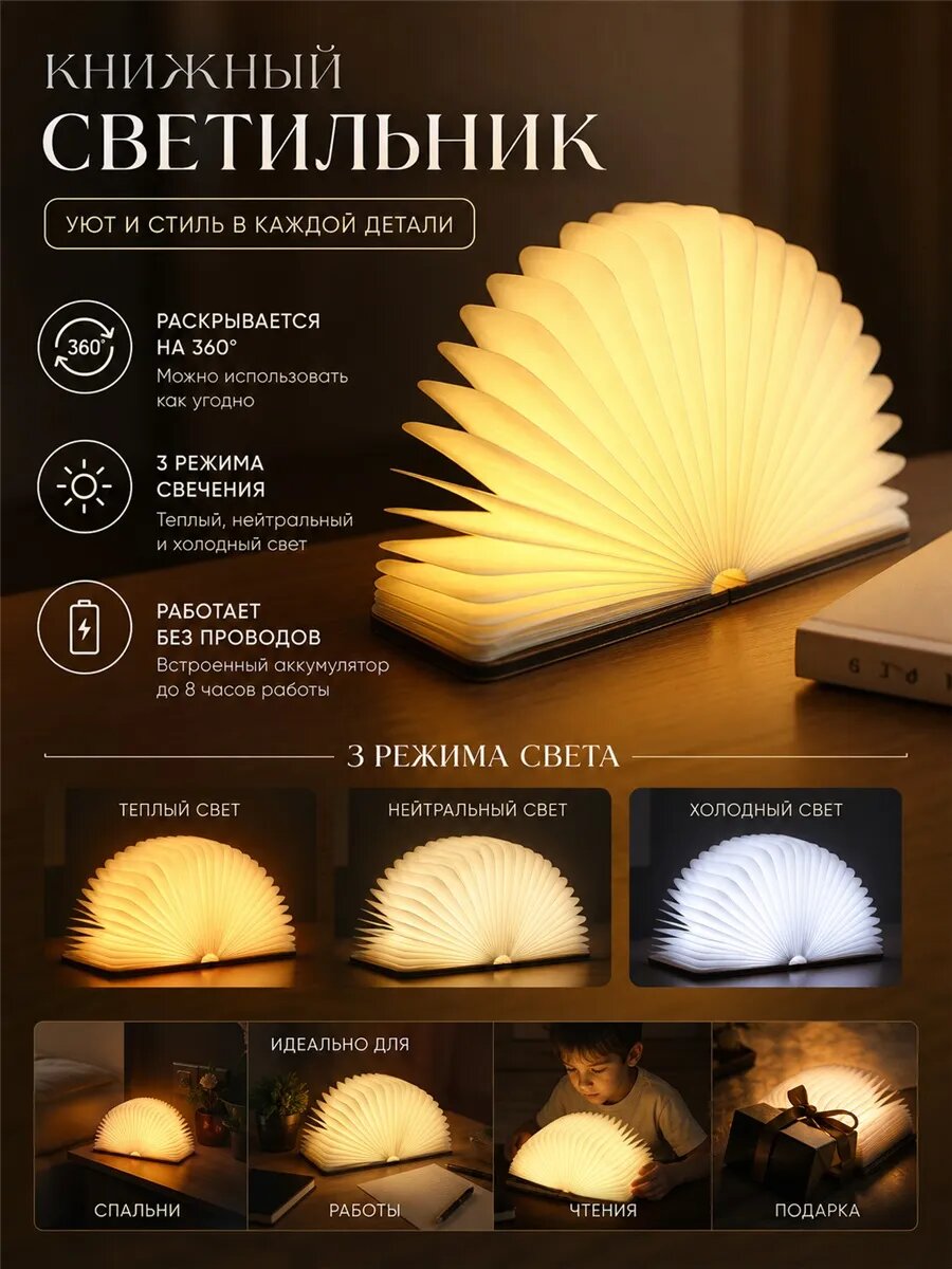 Светильник-книга ночник теплый свет для спальни и детской