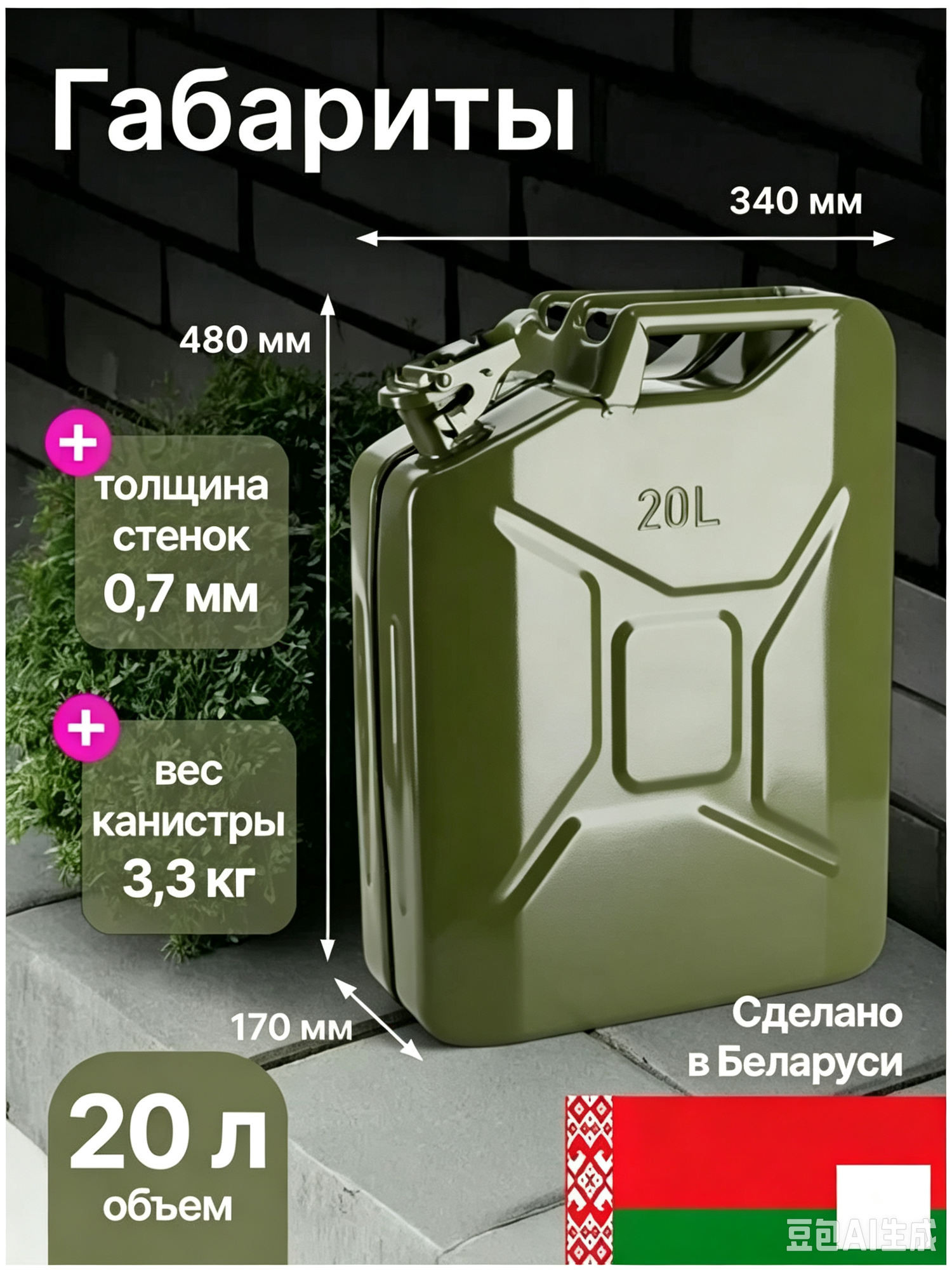 Канистра, для бензина и дизеля, 20л, металлическая, герметичная, вертикальная