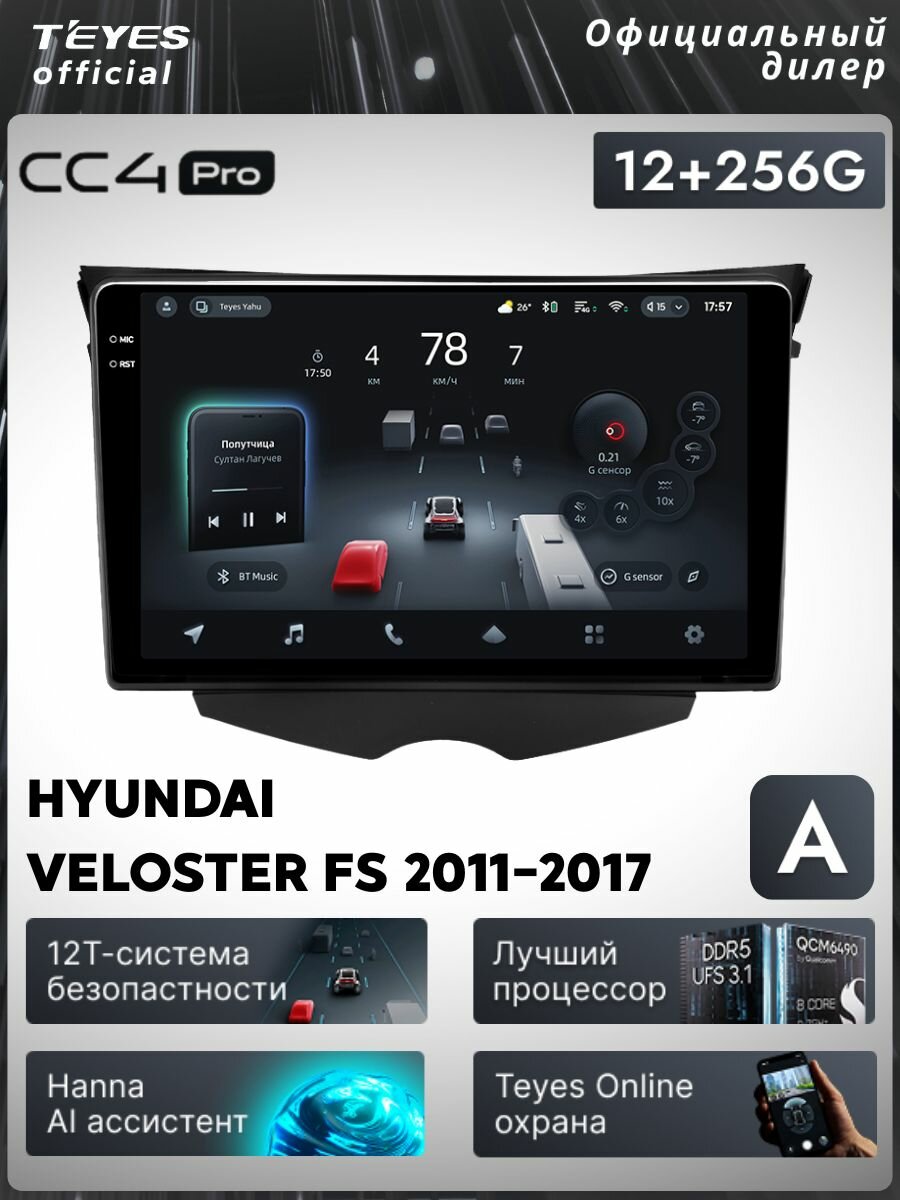 Магнитола Teyes CC4 PRO 12/256 для Hyundai Veloster FS 2011-2017 (Тип A) , штатная магнитола, 8-ми ядерный процессор,