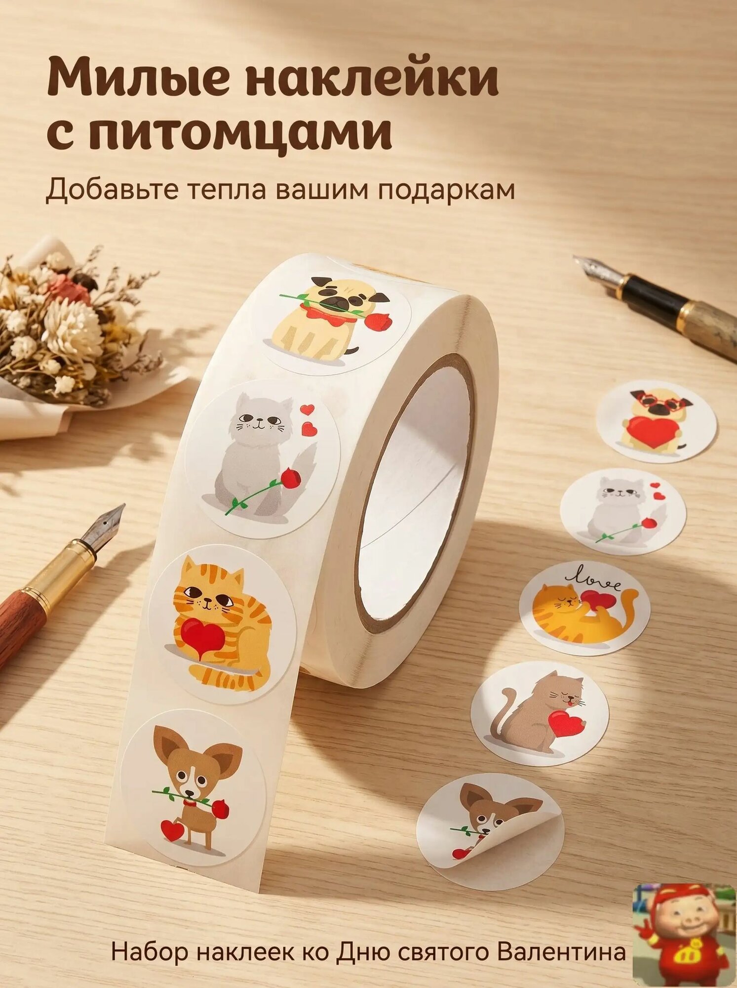 Рулонные наклейки Влюбленные питомцы, 500 шт, диаметр 2.5 см, бумага, для скрапбукинга и декора подарков